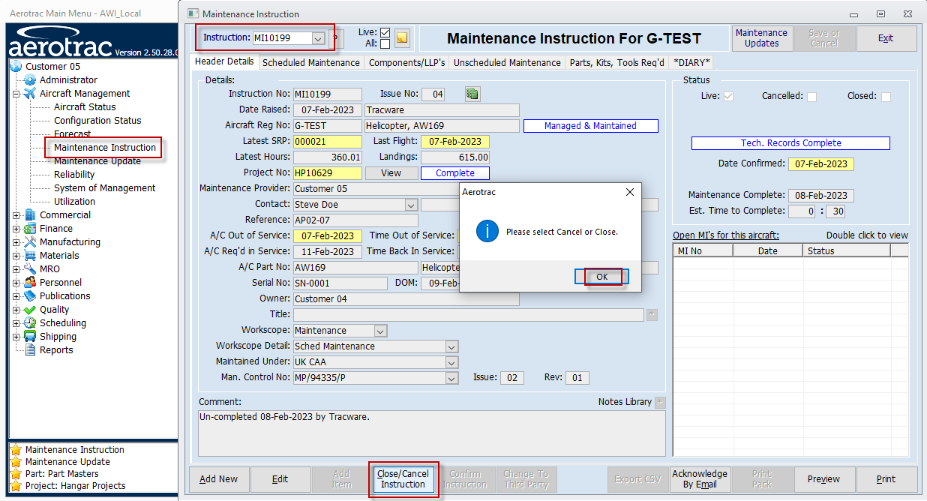Maintenance Updates - Internal Maintenance - With Maintenance Instruction
