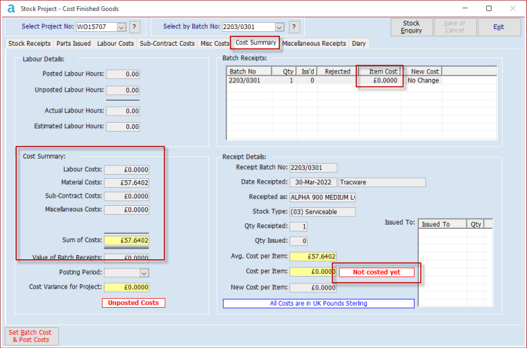 Cost Finished Goods - From Stock Projects
