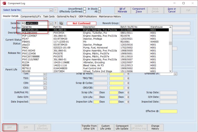 Component Log - Header Details