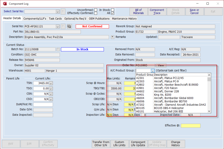 Component Log - Header Details