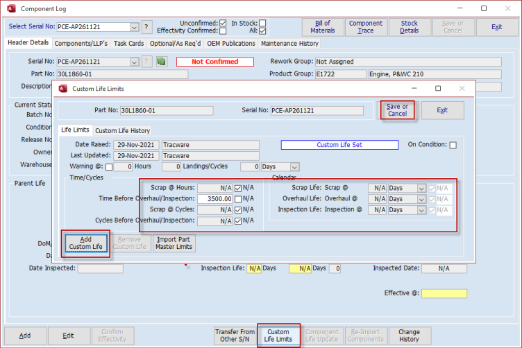 Component Log - Header Details