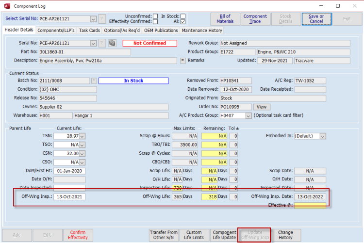 Component Log - Header Details