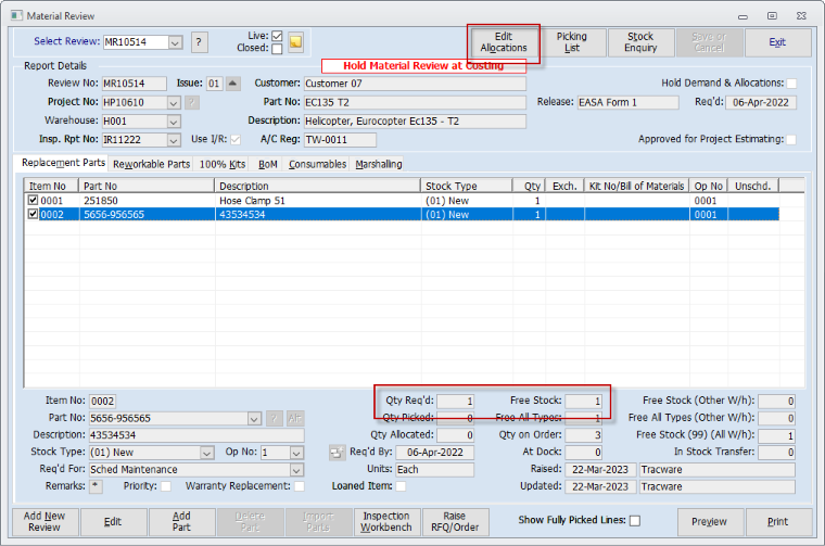 Allocating Parts From The Material Review