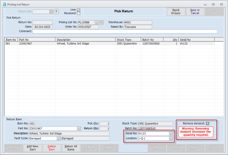 Picking List Returns